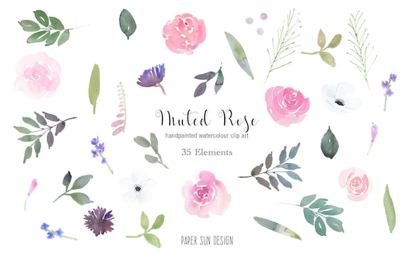Muted Rose Elements Digital Floral Clip Art Pastel Rose | Etsy