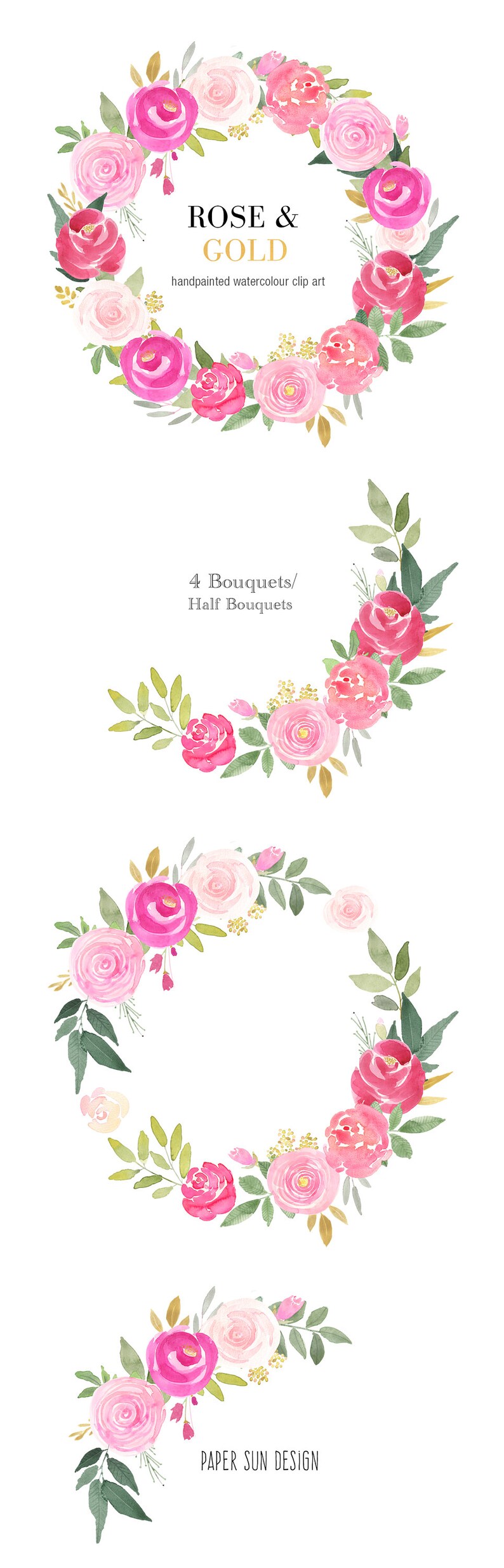Clipart Floral Bundle - Gold and Rose Watercolor Clipart Pack ...