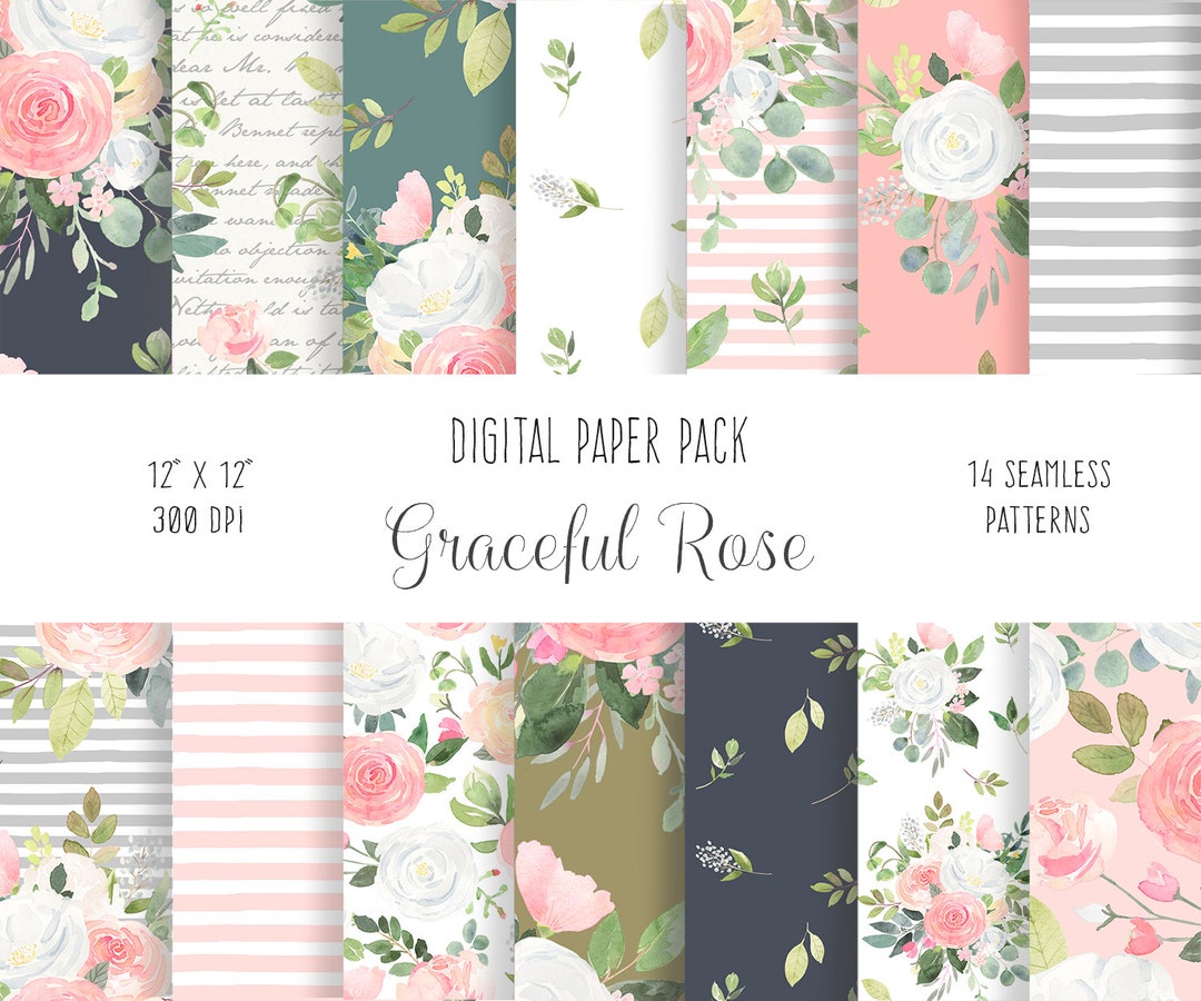 Digital Floral Paper Pack - 14 Seamless Patterns of Pink and White ...