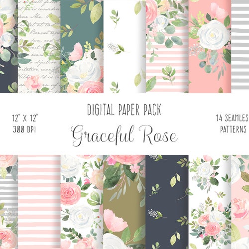Watercolor BLUE and BLUSH Digital Paper Pack Flower Peonies - Etsy