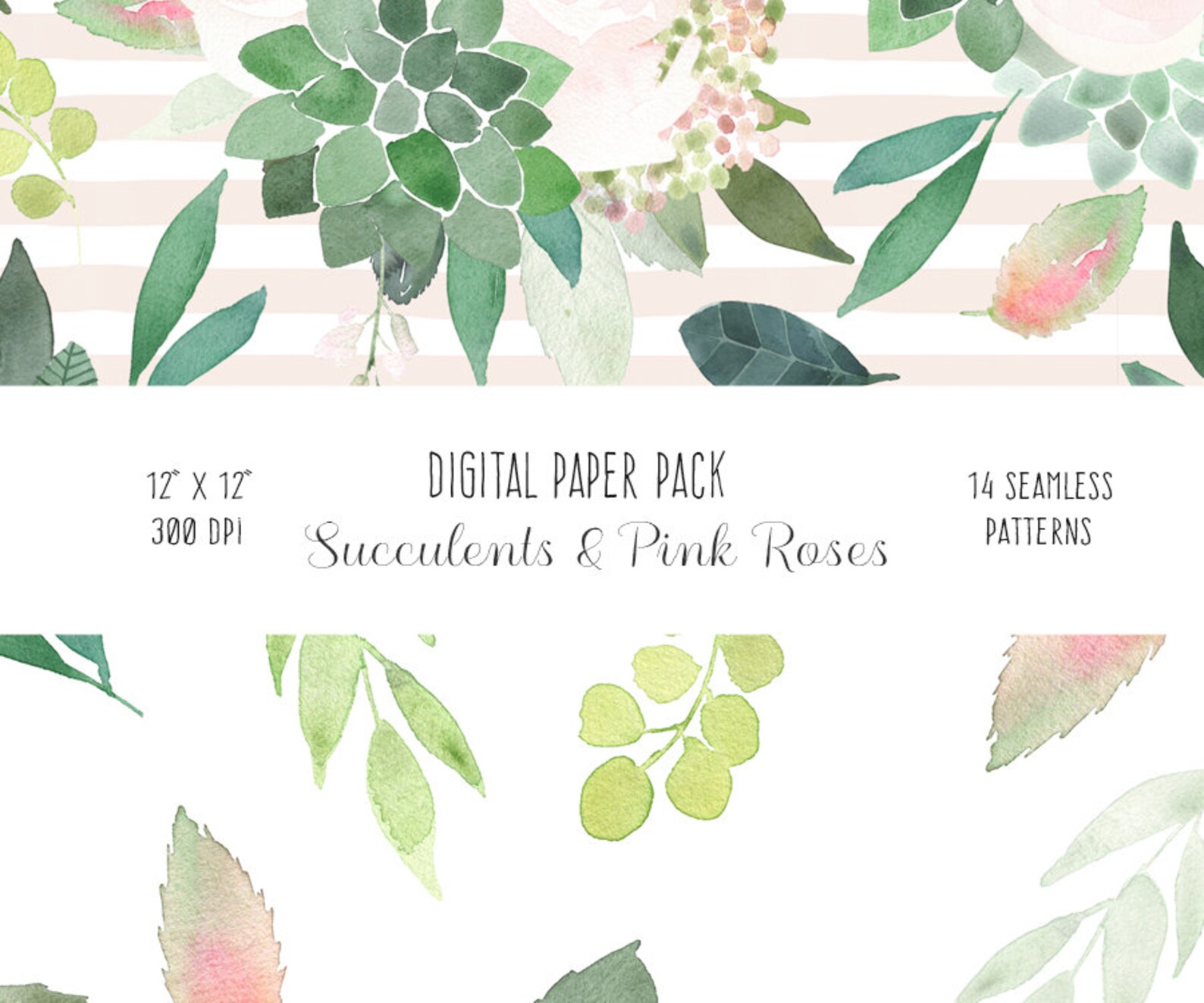 Floral Digital Paper Succulents & Pink Roses Repeating - Etsy