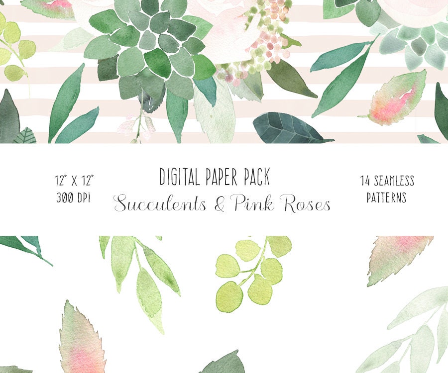 Floral Digital Paper - Succulents & Pink Roses, Repeating Pattern ...