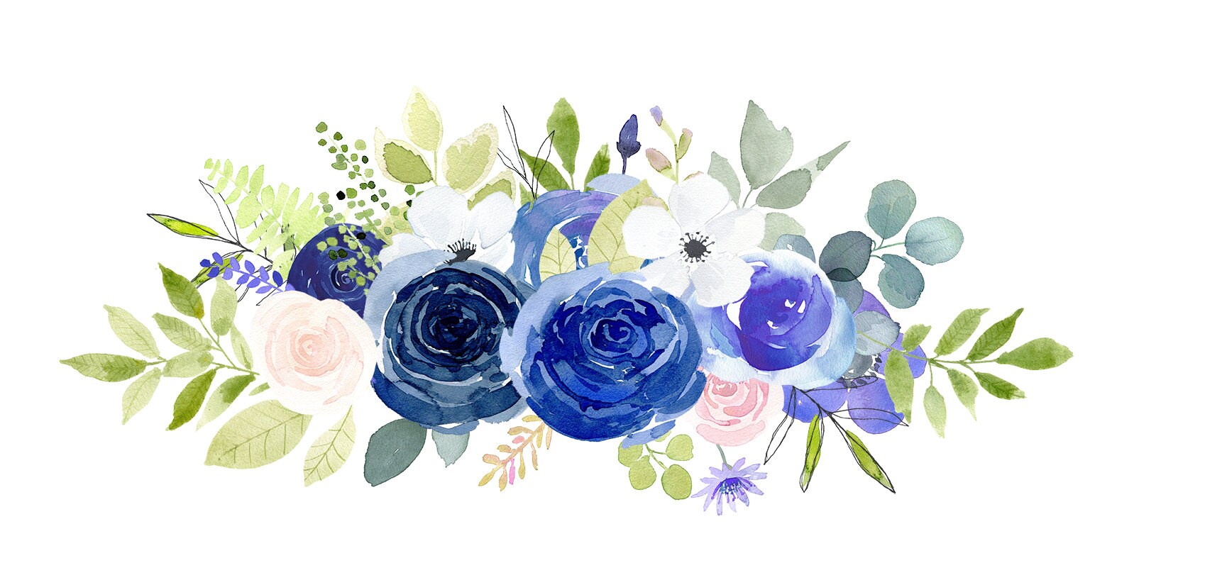 Flower Watercolor Clipart Navy and Blush Clipart Handpainted | Etsy