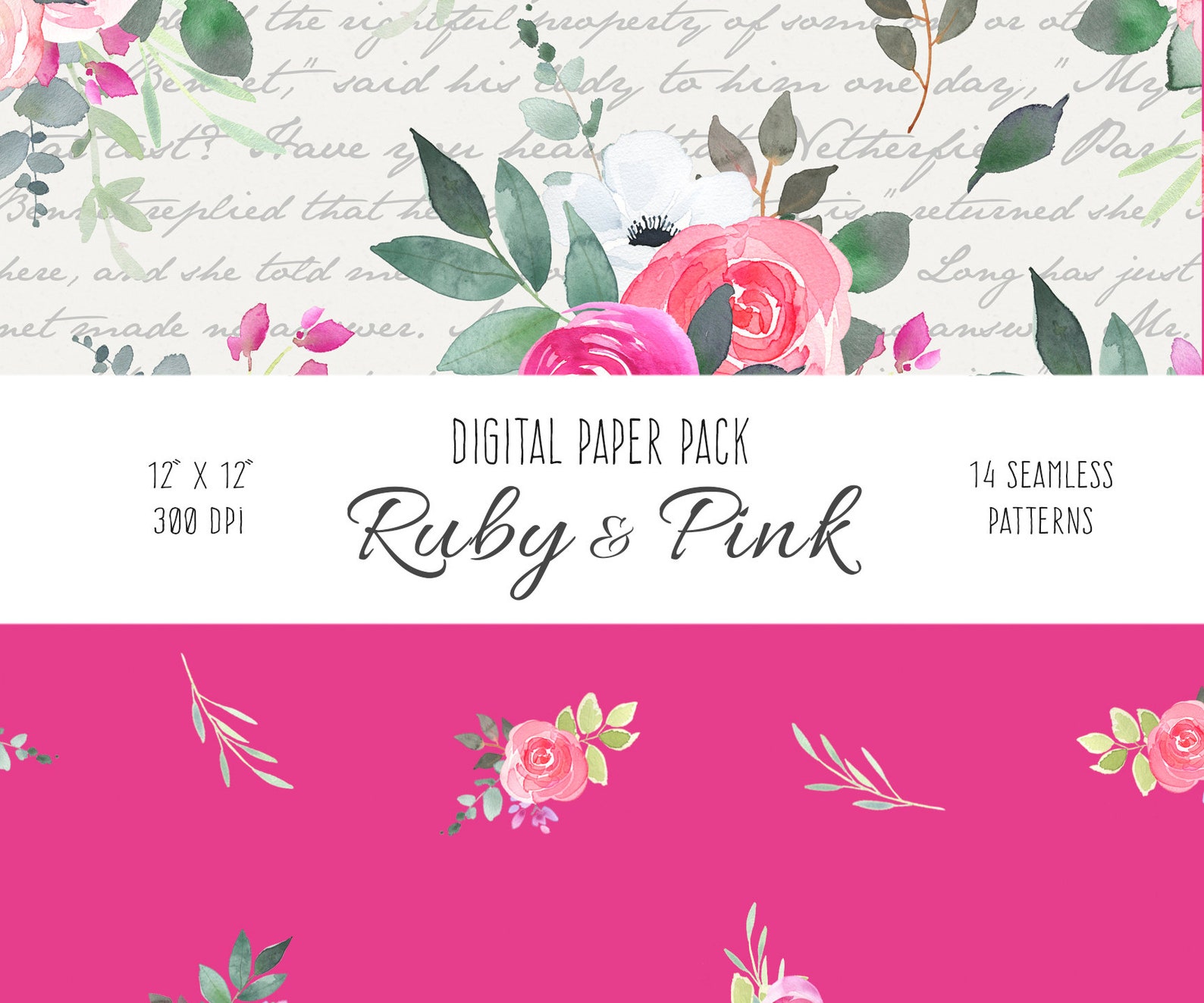 Floral Digital Paper - Ruby and Red Rose Watercolor Decoupage Download ...