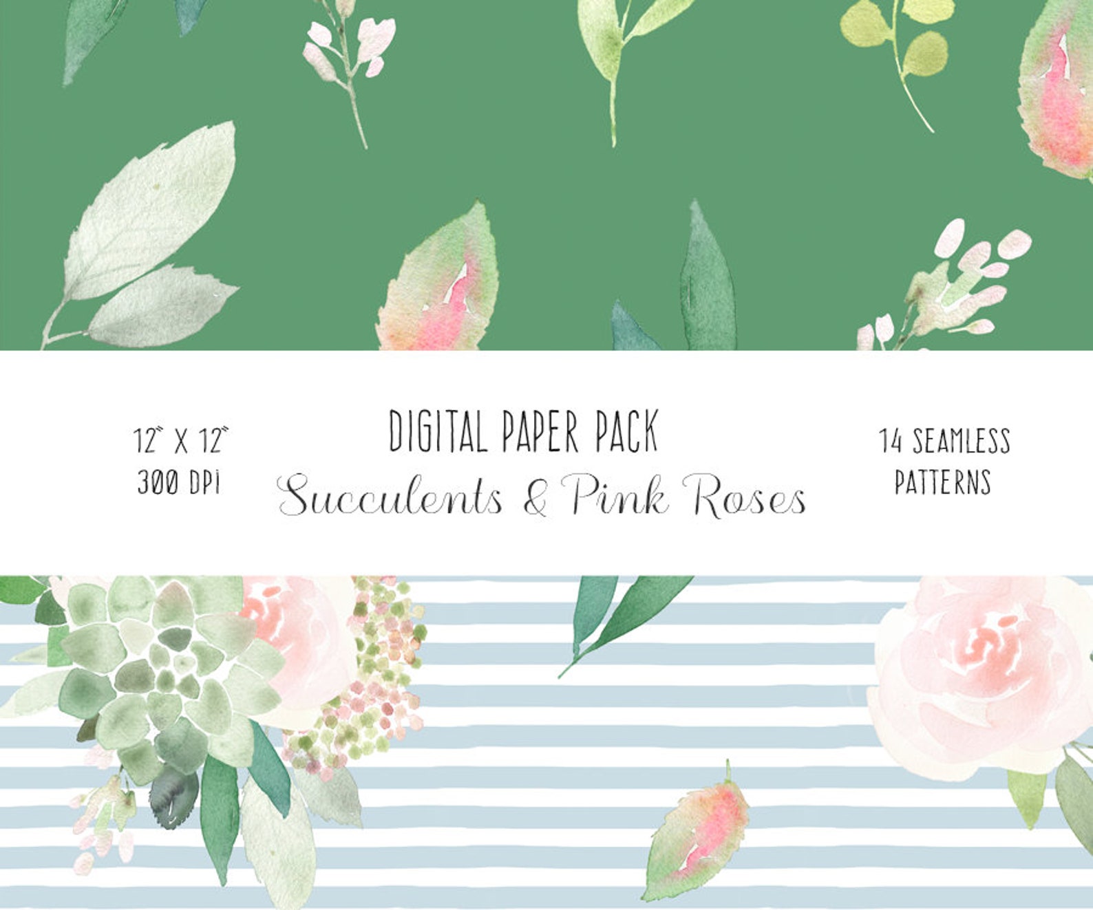 Floral Digital Paper Succulents & Pink Roses Repeating - Etsy