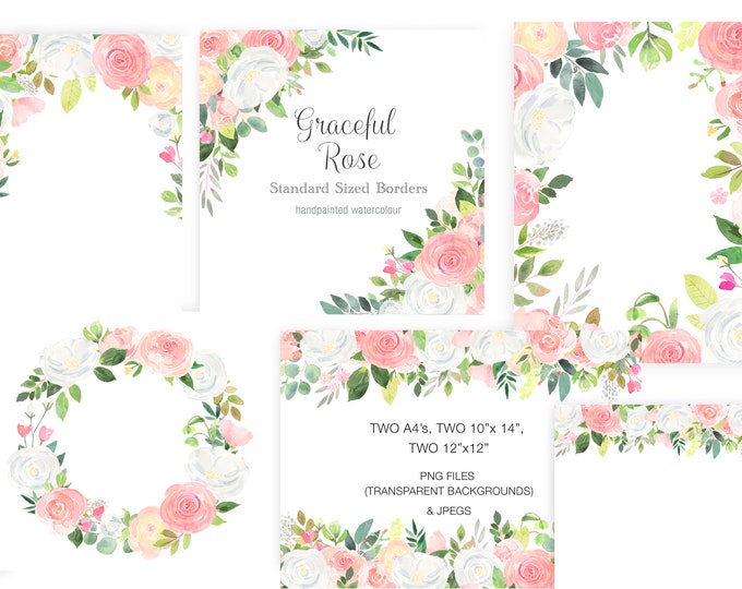 Watercolour Rose Clipart Frames Pink and White Clip Art - Etsy UK