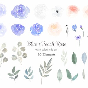 Watercolor Floral Clip Art - Flower Border, Blue Peach White Roses ...