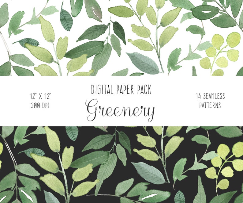 Greenery Digital Paper Pack - Green Leaves Seamless Patterns, Repeat ...