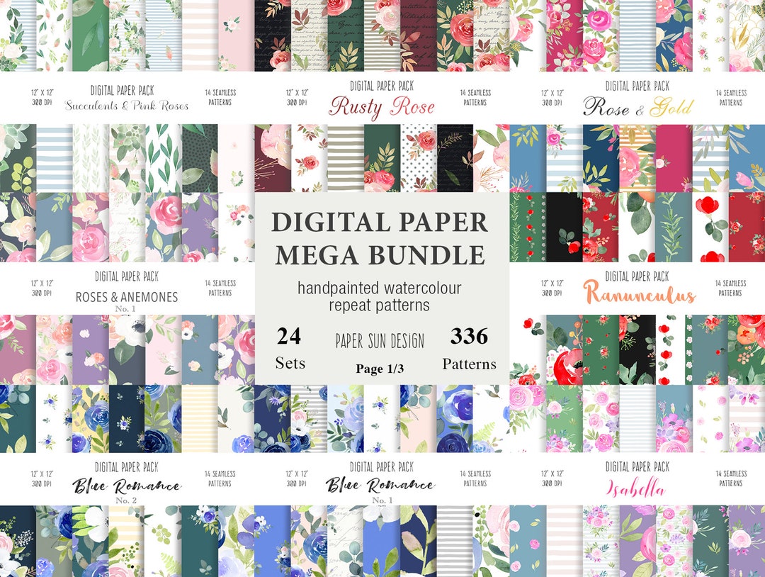 Floral Digital Paper Bundle, Watercolor Flower Repeat Patterns Download ...
