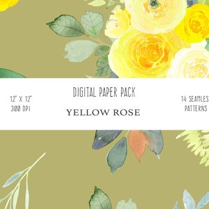 Digital Paper, Floral Digital Paper, Yellow Rose Repeat Patterns ...