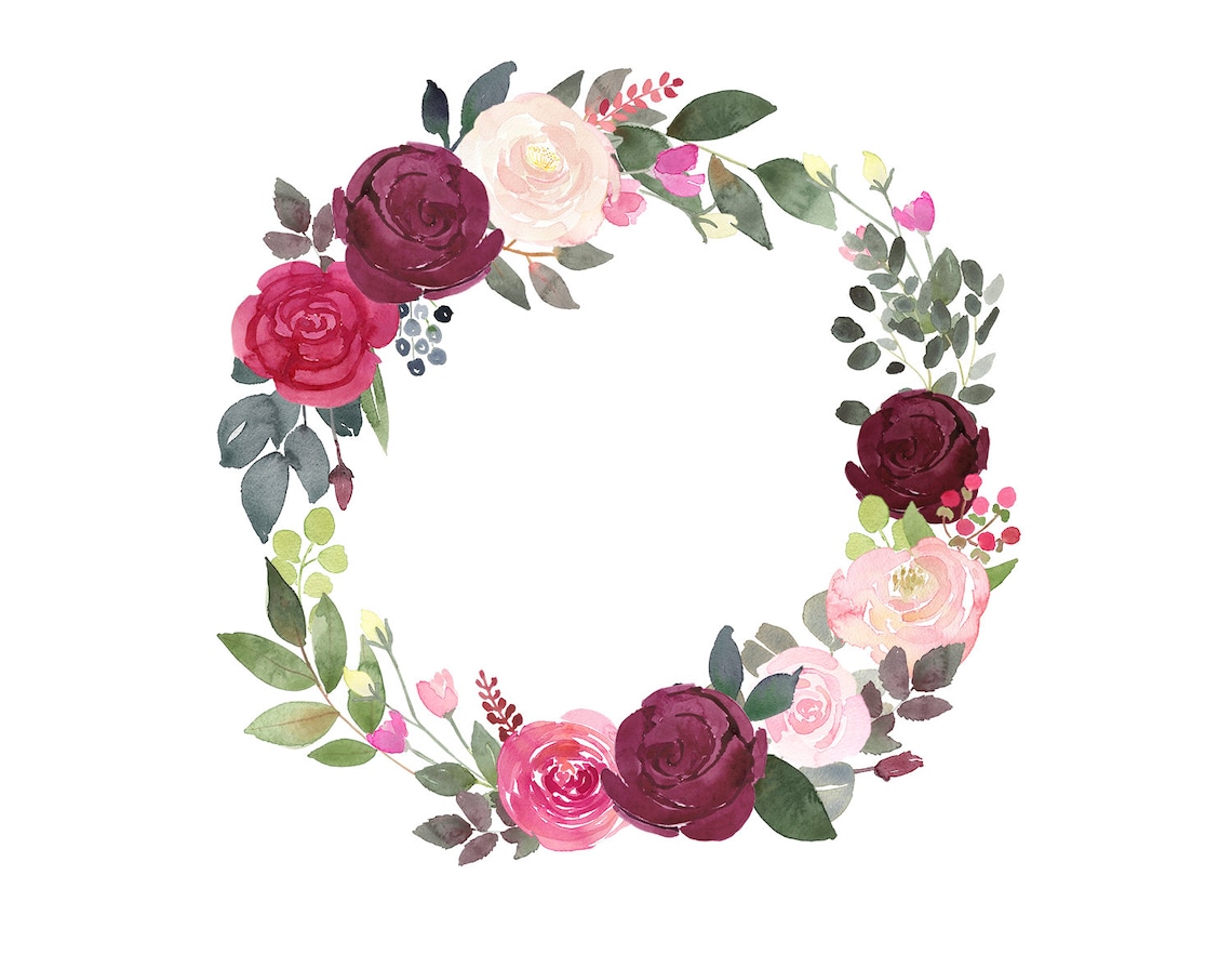 Watercolor Floral Clipart Wreath Burgundy and Blush Rose | Etsy
