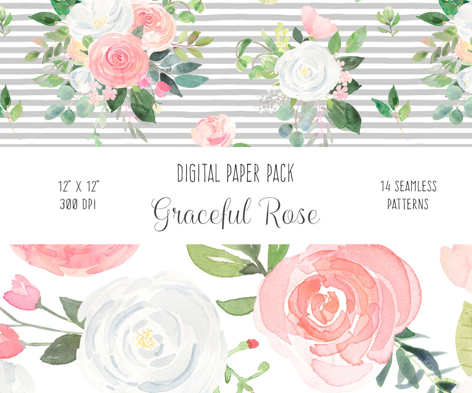 Digital Floral Paper Pack 14 Seamless Patterns of Pink and White ...