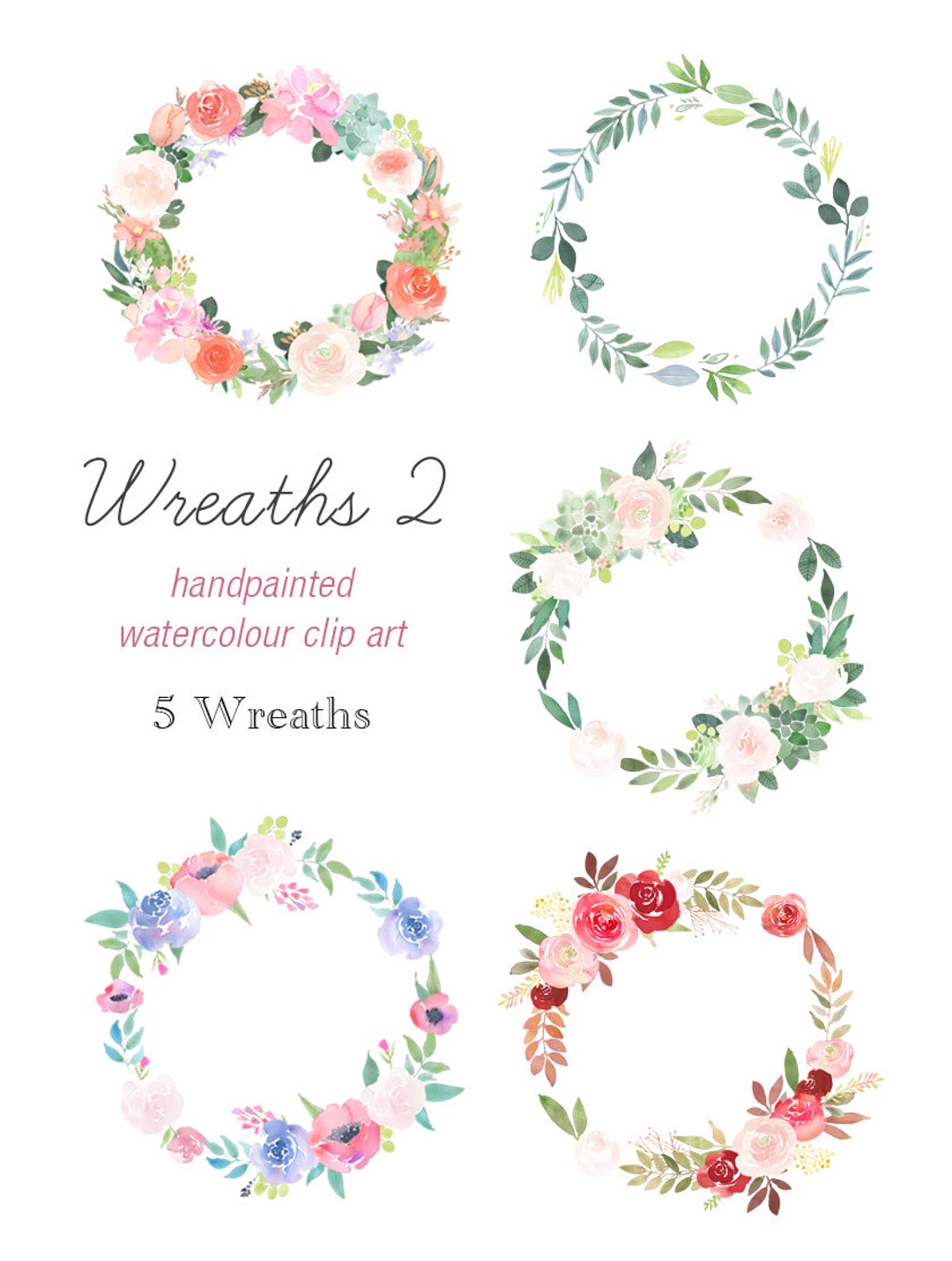 Watercolor Floral Wreaths Clipart Set of 5 Designs, Including Rose ...