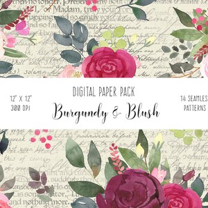Burgundy and Blush Floral Digital Paper - Watercolor Flower ...