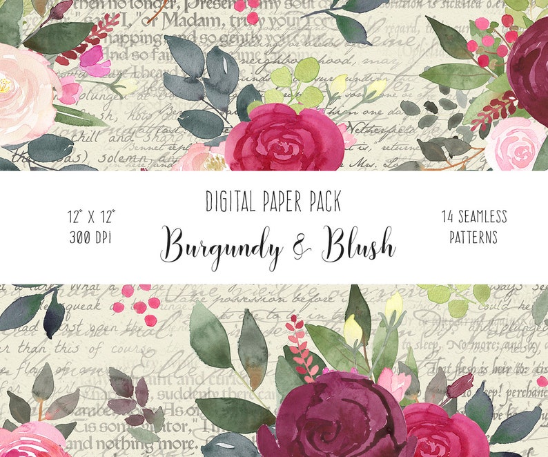 Burgundy and Blush Floral Digital Paper - Watercolor Flower ...