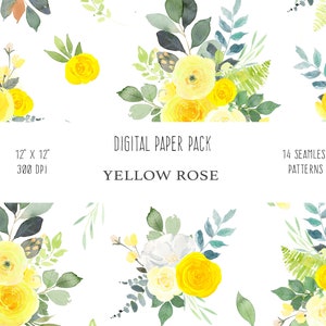 Digital Paper, Floral Digital Paper, Yellow Rose Repeat Patterns ...