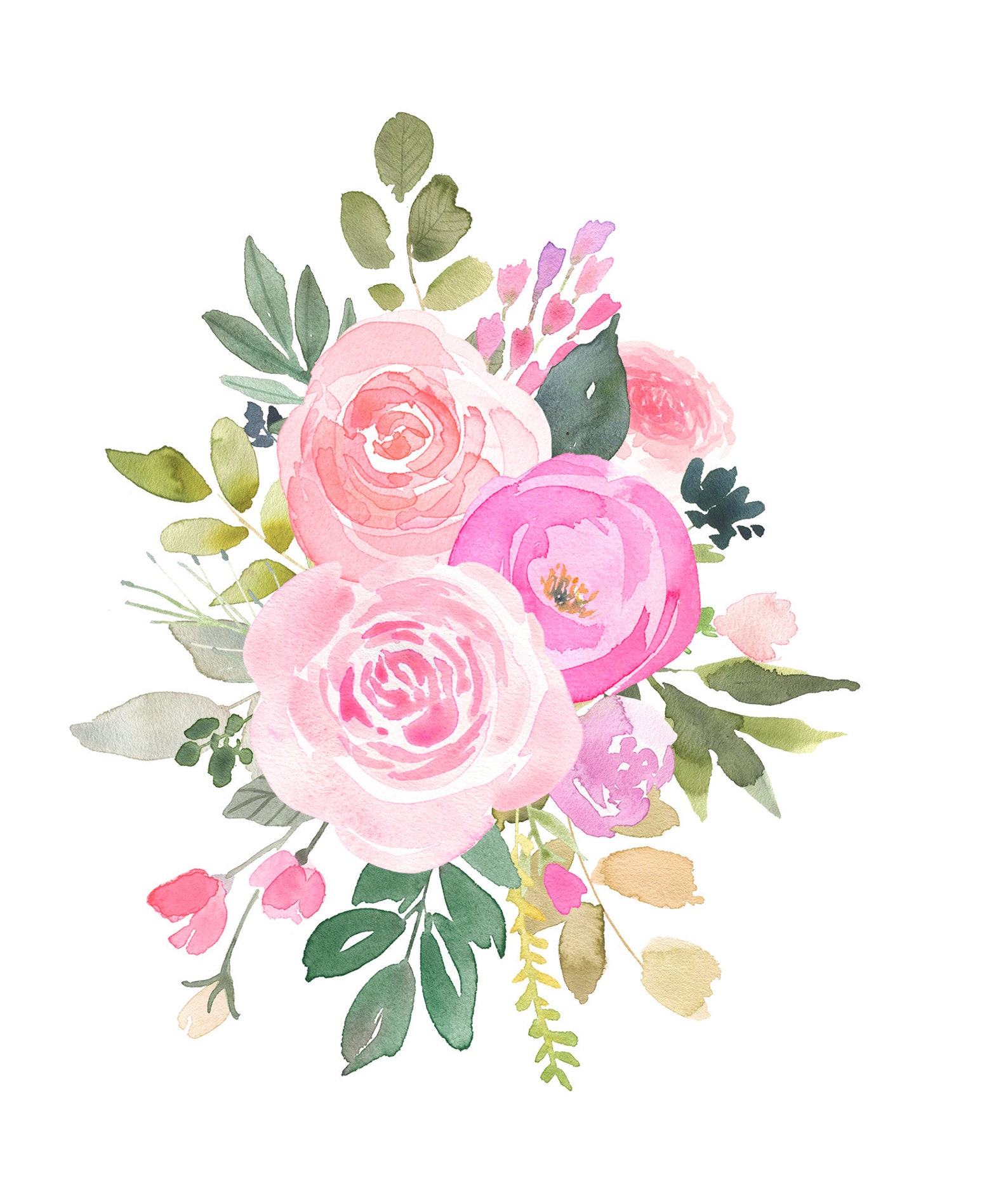 Watercolour Floral Bouquet Clipart - Colourful Pink and Purple Rose ...