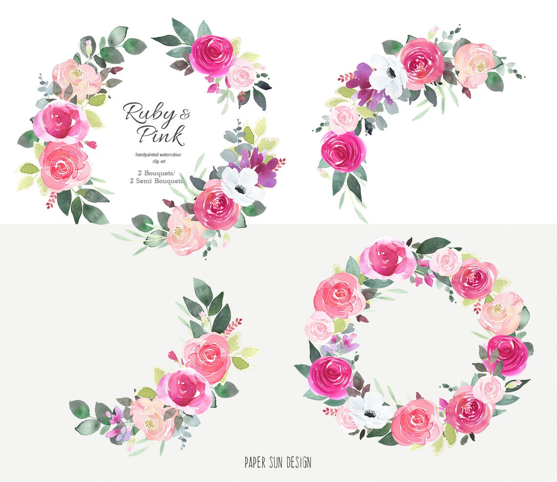 Watercolor Wreath Clipart Ruby Red and Pink Floral Clip Art | Etsy