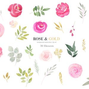 Clipart Floral Bundle - Gold and Rose Watercolor Clipart Pack ...