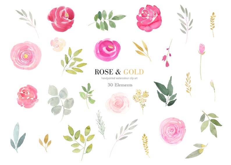 Clipart Floral Bundle Gold and Rose Watercolor Clipart Pack - Etsy