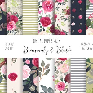 Burgundy and Blush Floral Digital Paper - Watercolor Flower ...