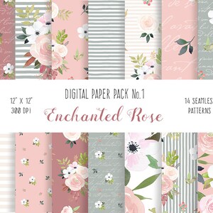 Digital Paper Pack - Enchanted Rose1, Browns, Pinks, Grey, Roses ...