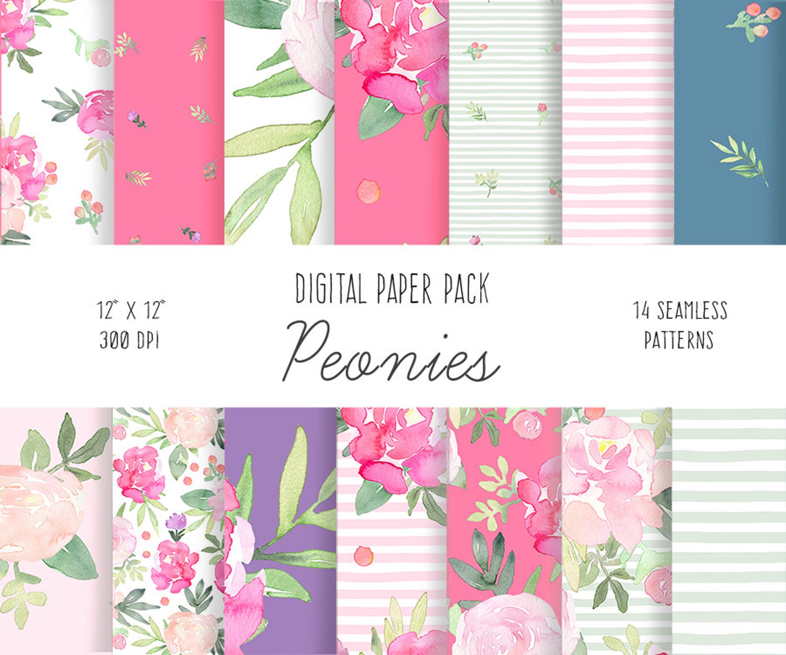 Peonies Digital Paper Floral Paper Pack, Flower Seamless Pattern, Peony ...