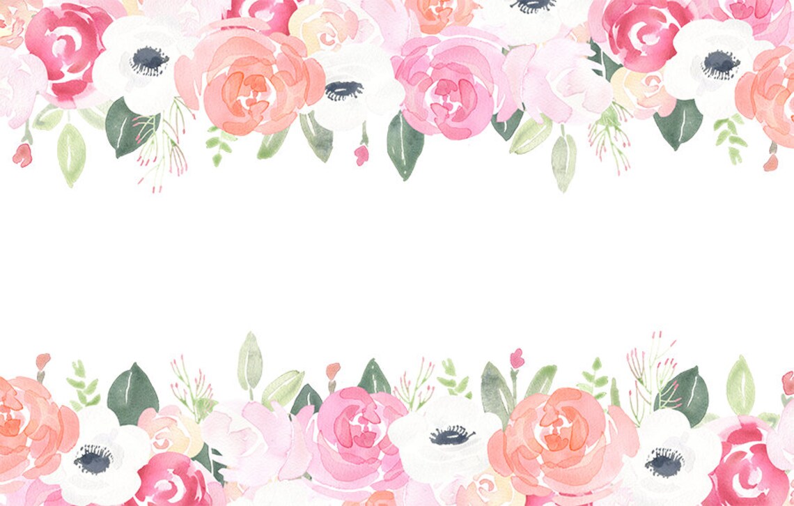 Watercolor Flower Frame Clipart, Pink Roses and White Anemones Floral ...