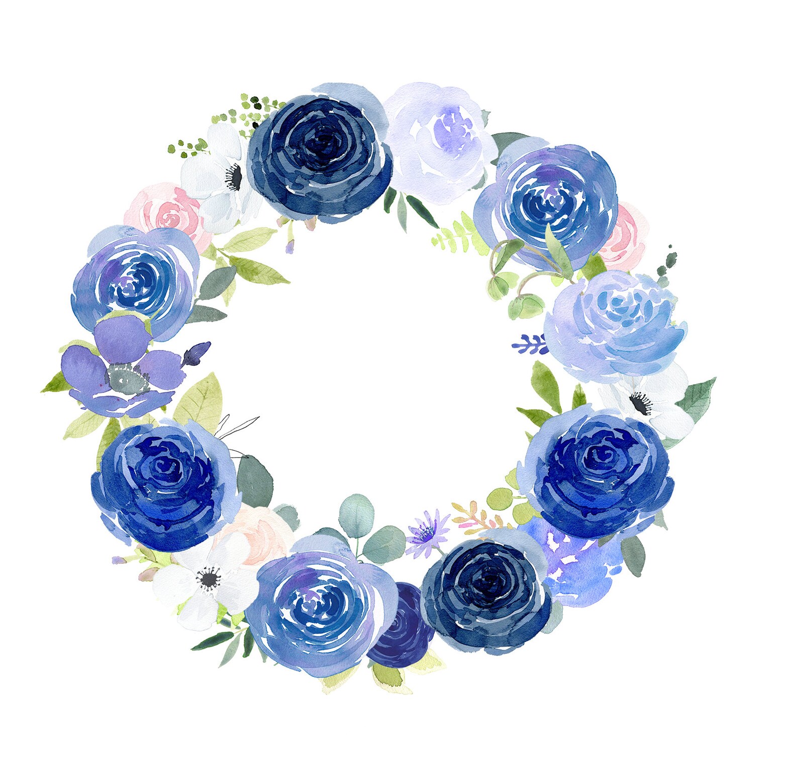Navy and Blush Watercolor Clip Art Wreaths, Navy Blue Floral Wreaths ...