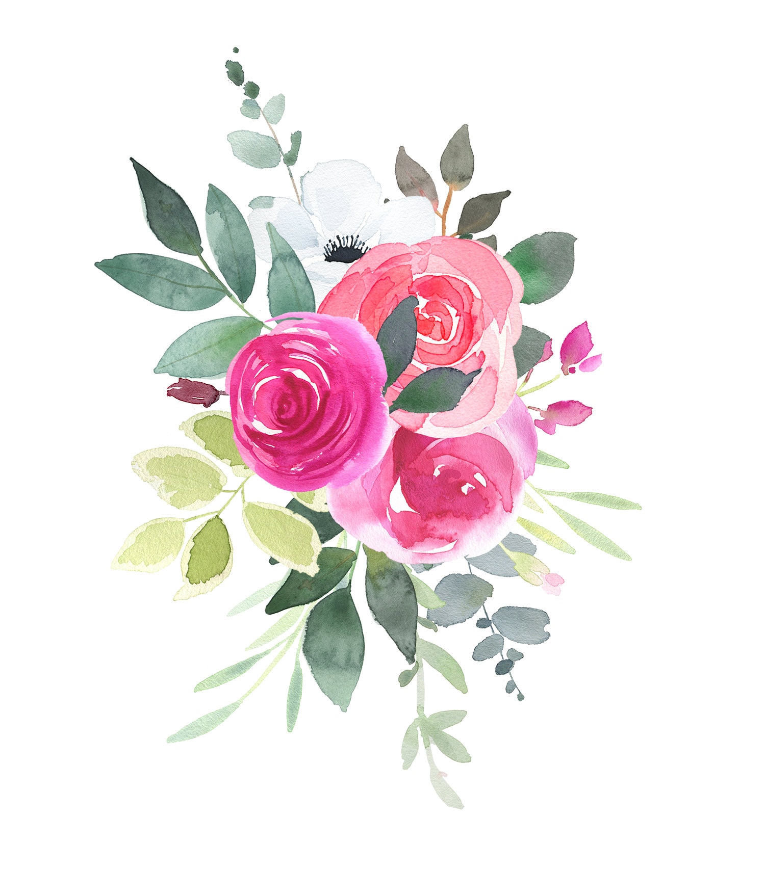 Watercolor Clip Art - Bouquet Floral Arrangements, Red and Pink Rose ...