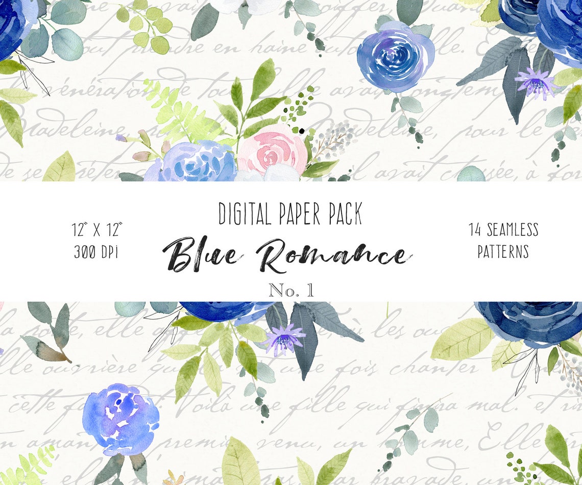 Floral Paper Digital Download Watercolour navy and blush | Etsy
