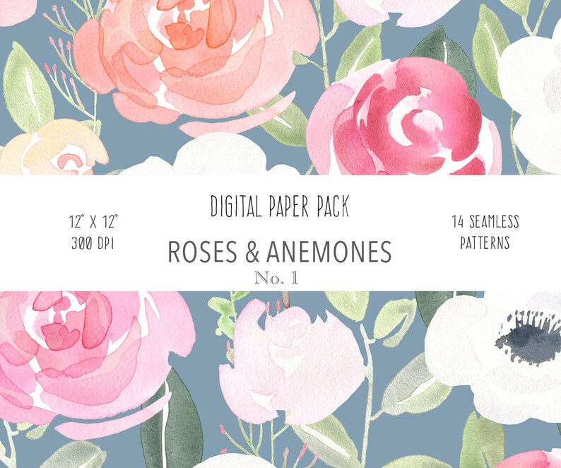 Watercolour Floral Digital Paper - Pink Roses and White Anemones ...