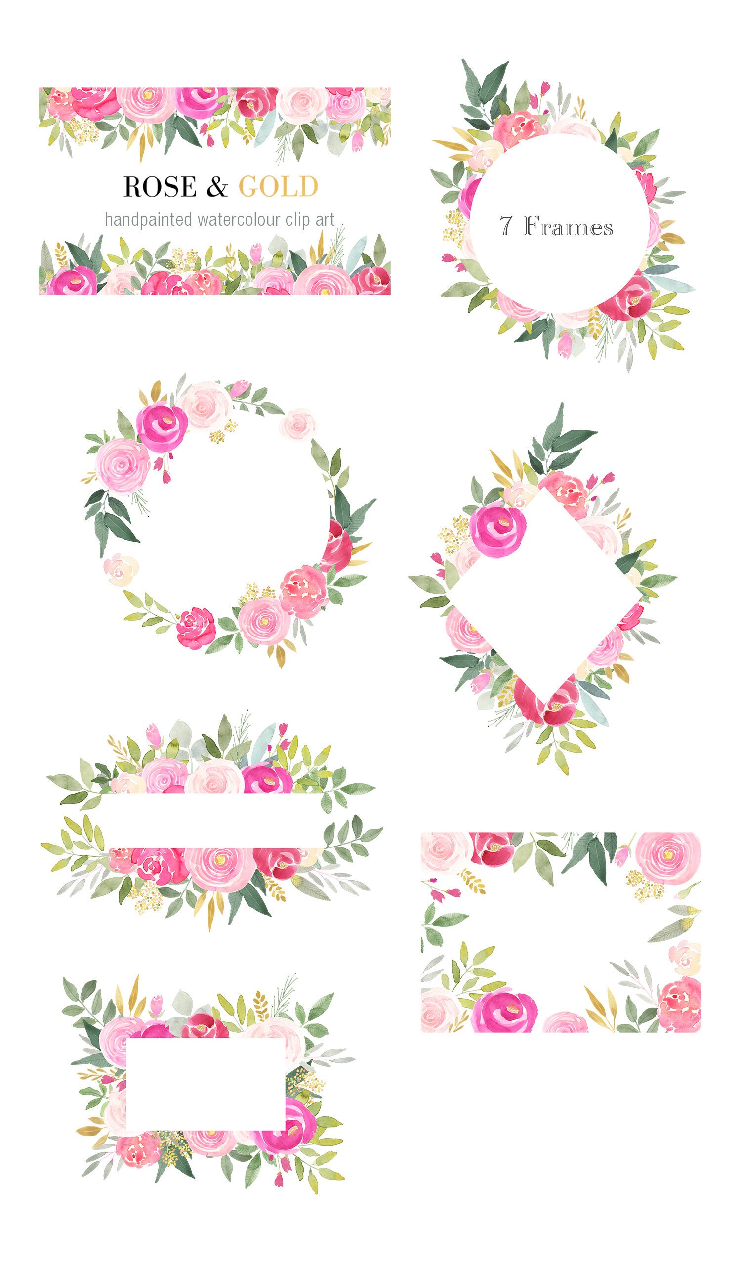 Pink Rose and Gold Watercolor Floral Frames - for Pre-made Invitations ...