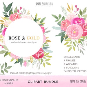 Clipart Floral Bundle - Gold and Rose Watercolor Clipart Pack ...