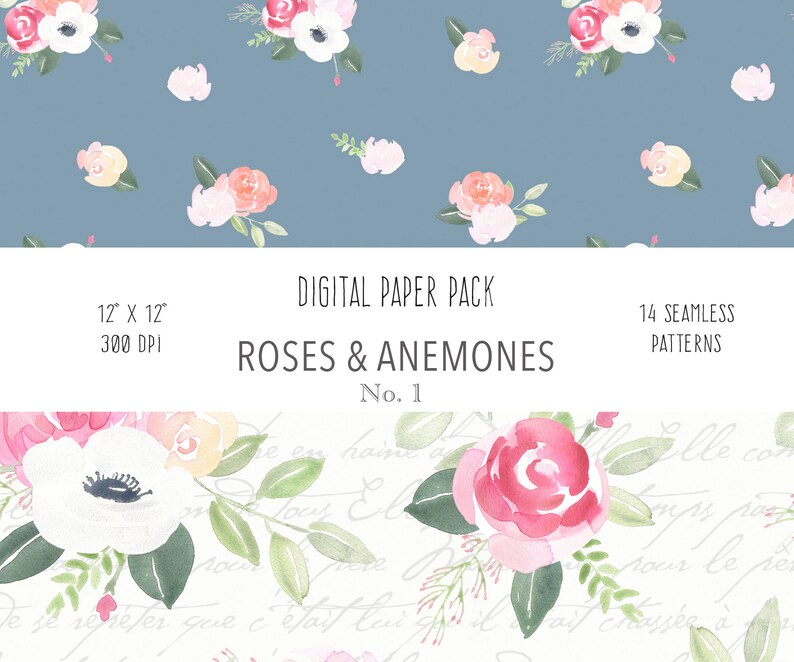 Watercolour Floral Digital Paper - Pink Roses and White Anemones ...