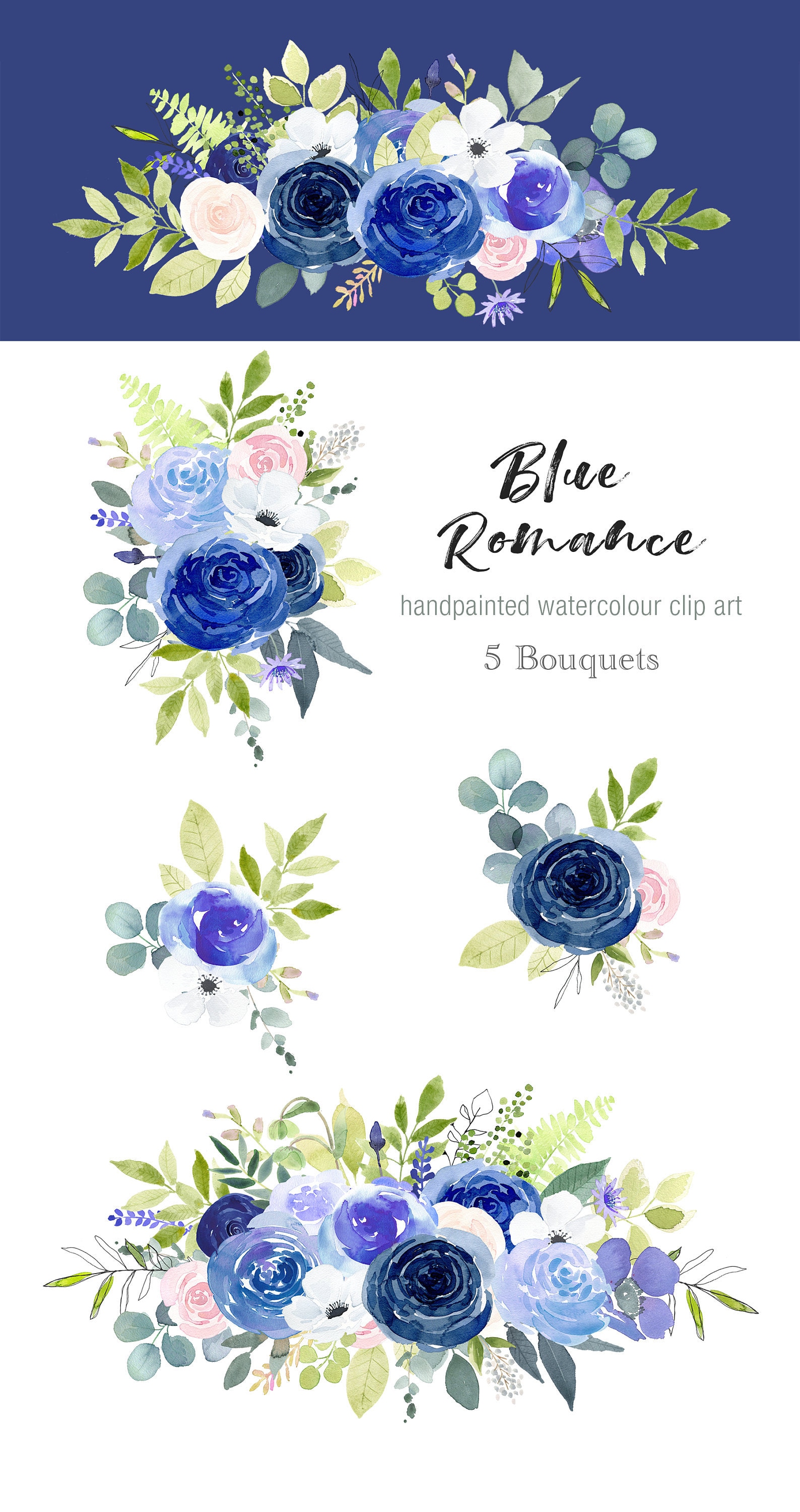 Flower Watercolor Clipart, Navy and Blush Clipart, Handpainted ...
