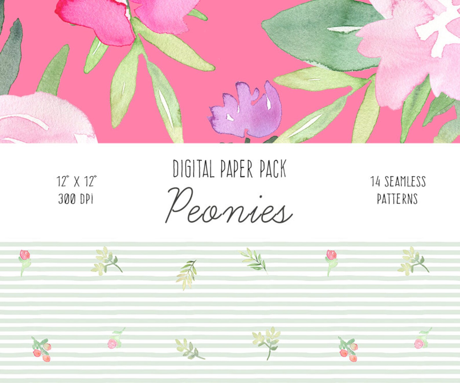 Peonies Digital Paper - Floral Paper Pack, Flower Seamless Pattern ...