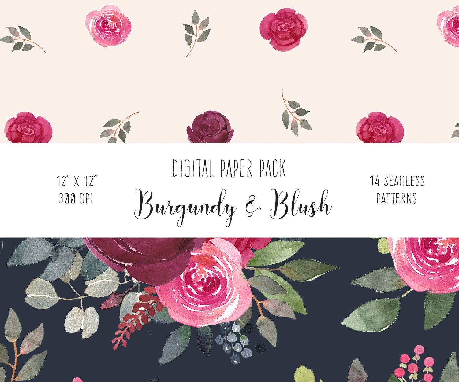 Burgundy and Blush Floral Digital Paper Watercolor Flower | Etsy