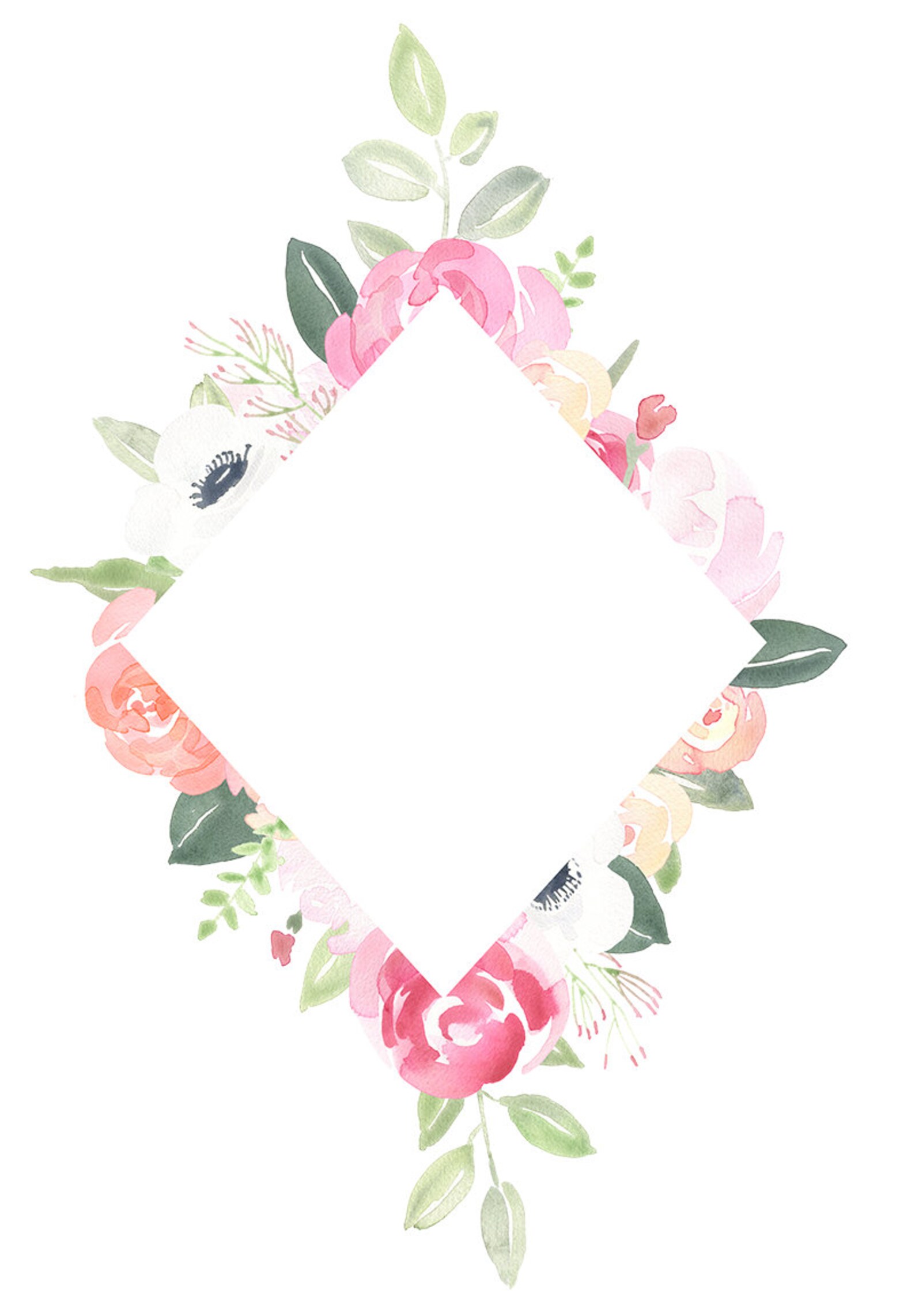Watercolor Flower Frame Clipart Pink Roses and White Anemones | Etsy UK