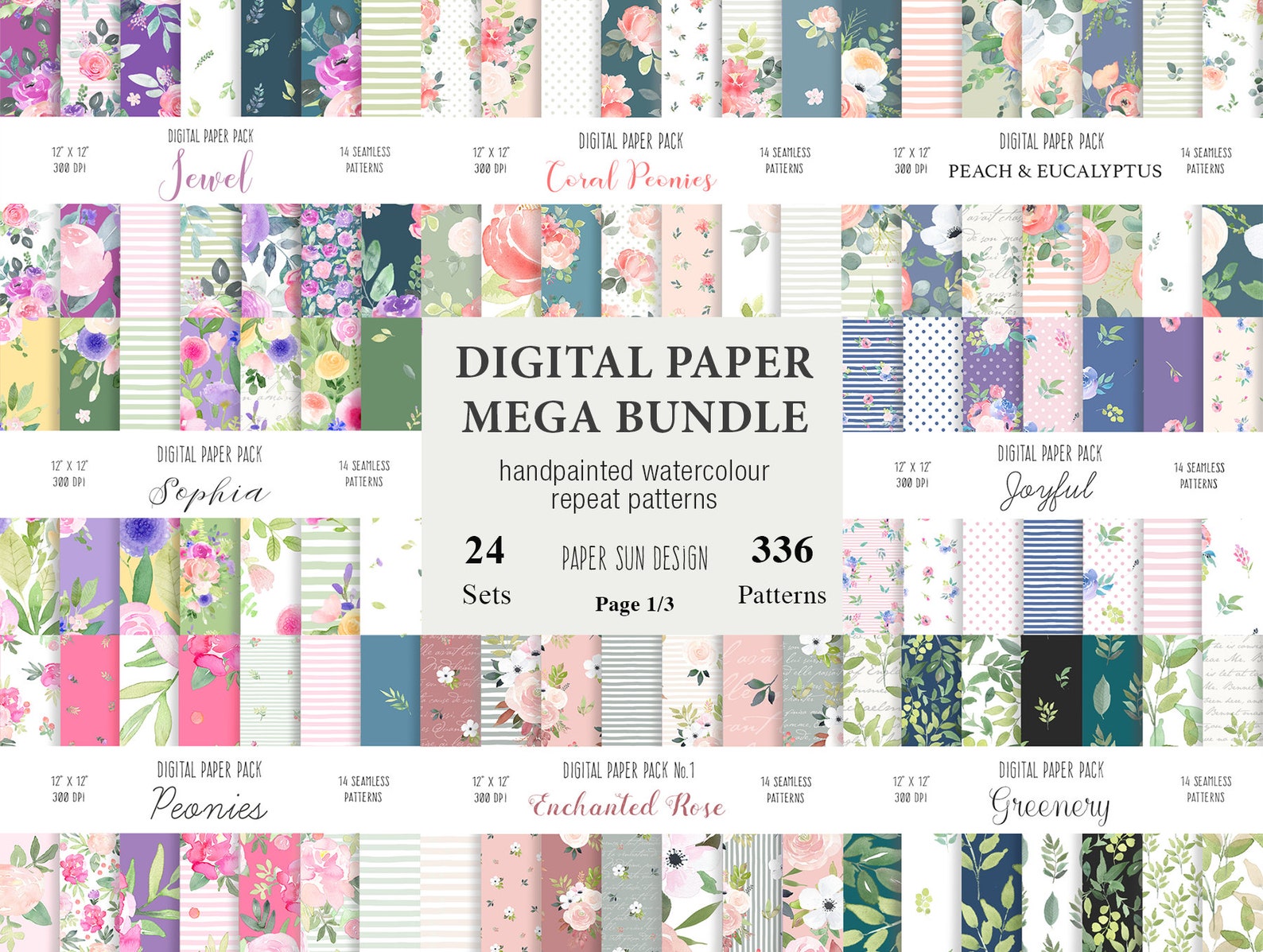 Floral Digital Paper Bundle, Watercolor Flower Repeat Patterns Download ...