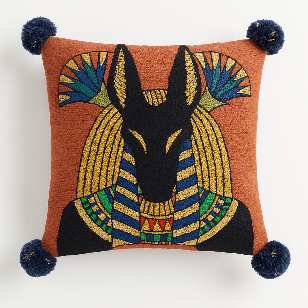 Handcrafted Anubis Tapestry Pillow: Egyptian Decor With Pom-poms - Etsy