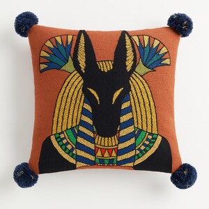 Handcrafted Anubis Tapestry Pillow: Egyptian Decor With Pom-poms - Etsy