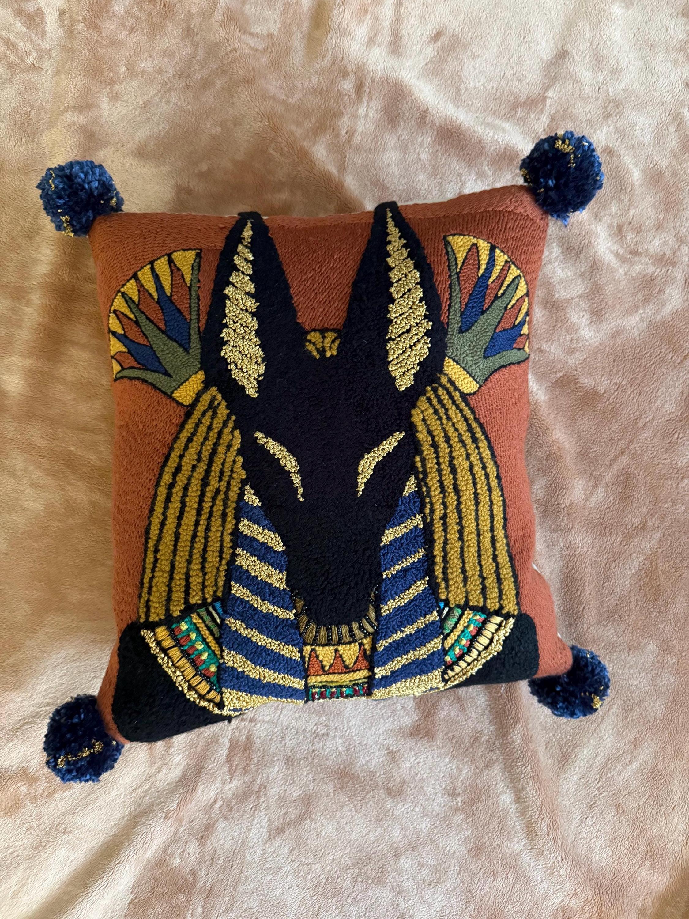 Handcrafted Anubis Tapestry Pillow: Egyptian Decor With Pom-poms - Etsy