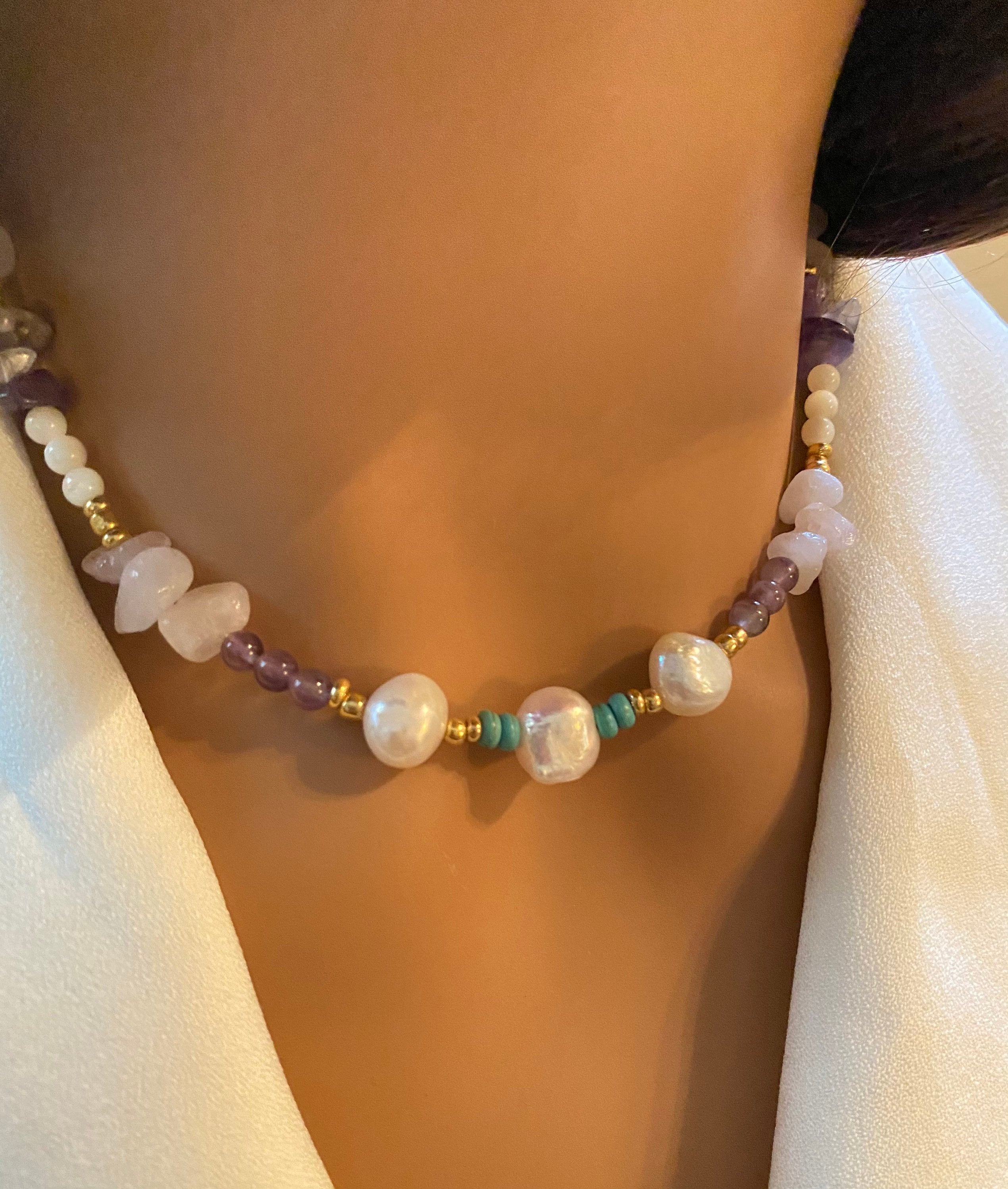 Gemstone Beaded Necklace, Pearl, Amethyst, Rose Quartz, Spring Summer ...