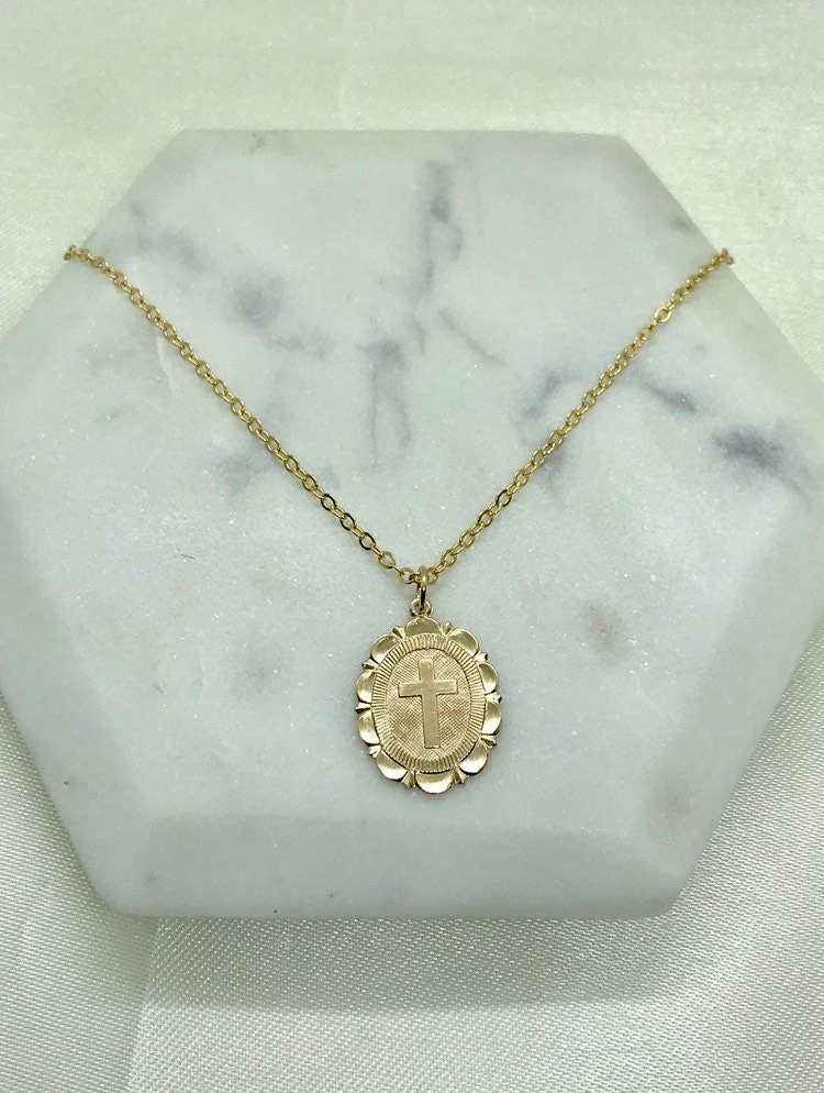 14k U.S.A Gold Filled Medallion Necklace Gold Cross Necklace - Etsy