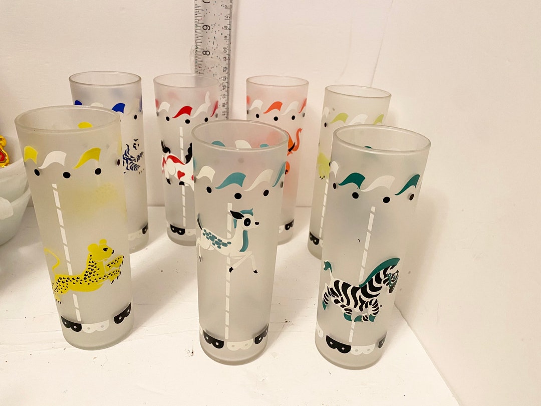 Vintage Mcm Libbey Glass Carousel Animal Frosted Tumblers Set of 7 MINT ...