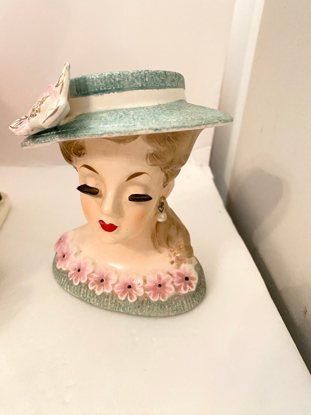 Stunning Vintage Rubens Japan Teal Pink Flower Hat Lady Head Vase Rare ...