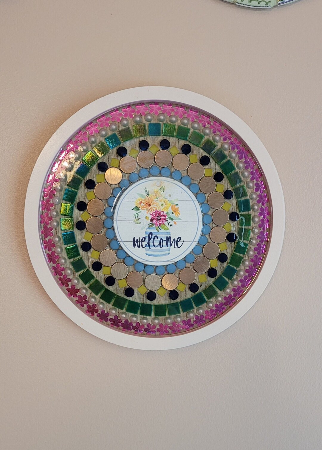 Welcome Mosaic, Round Mandala Style Mosaic. Wall Hanging, Boho Decor ...