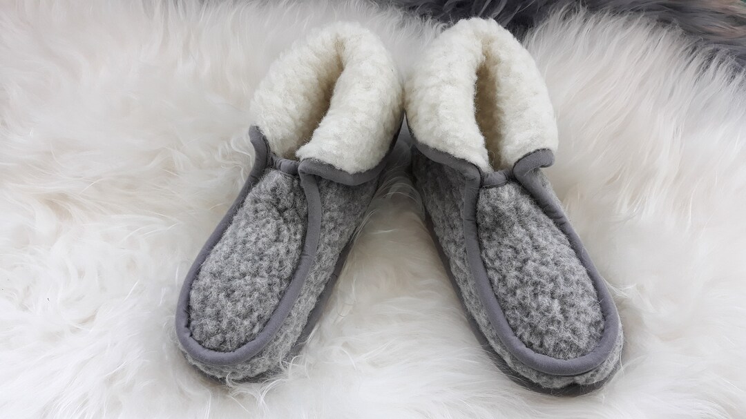 Grey Eco Womens / Mens Merino Pure Sheeps Wool Slippers/ Sheepskin ...