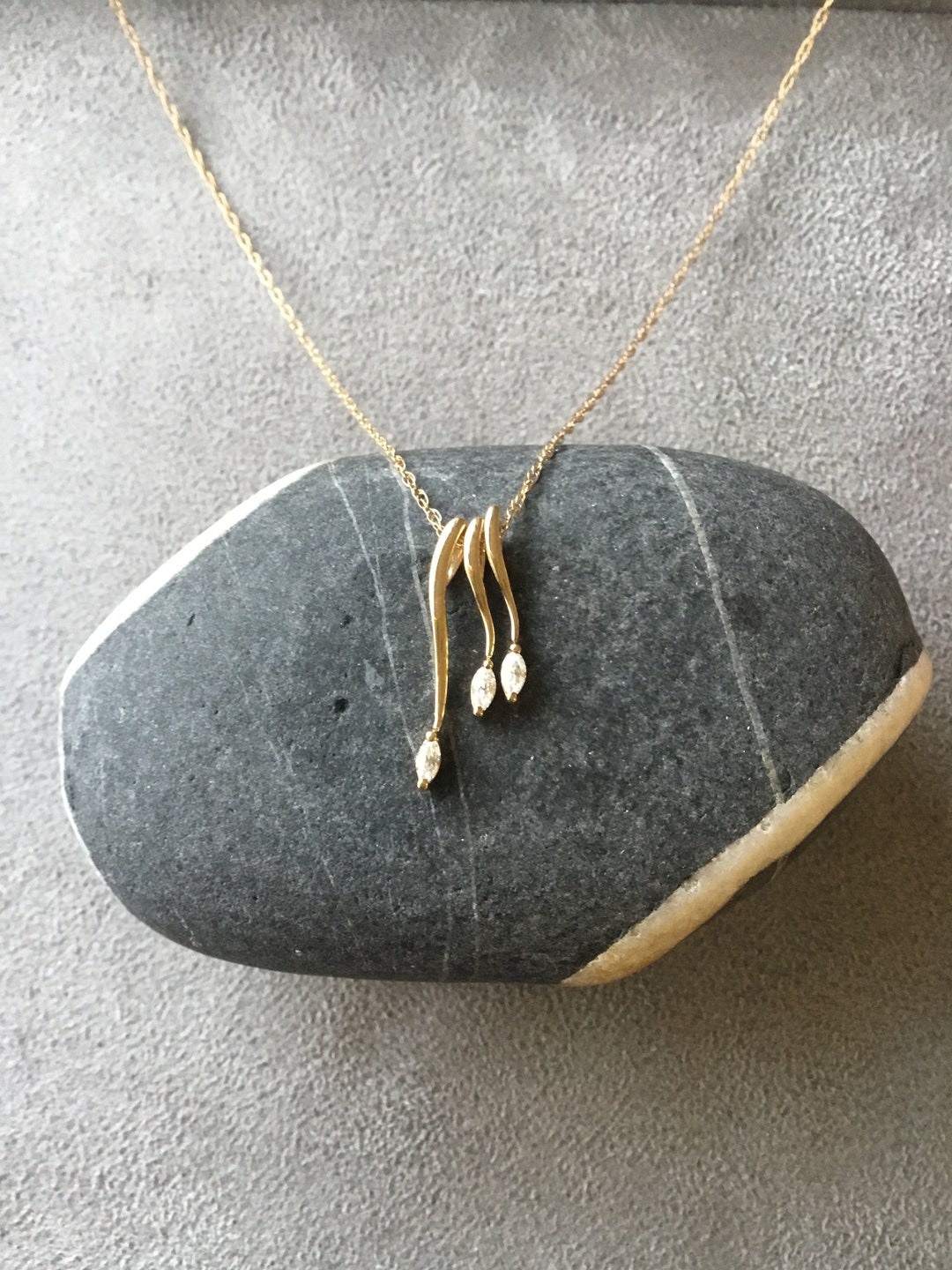 Vintage Gold Drop Pendant, Large Drop Pendant, Diamond Pendant, Curved ...
